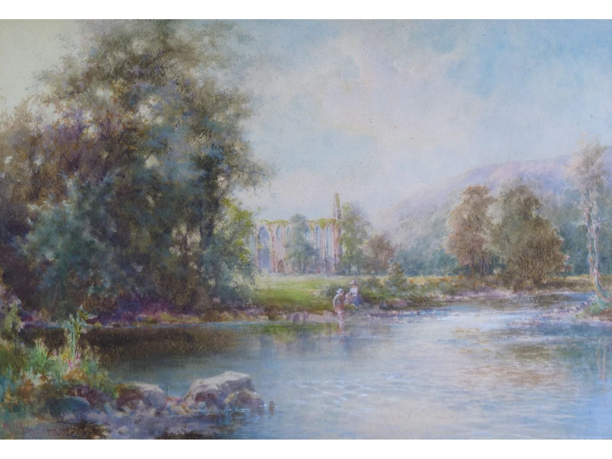 William Joseph Boyes | River landscape with figures and ruins (Bolton ...