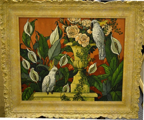 Keith Ingermann | Parakeets and Urn of Flowers (1989) | MutualArt