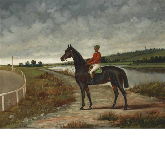 Henry Herman Cross | Dark Racehorse with a Jockey Up by a Racetrack in ...