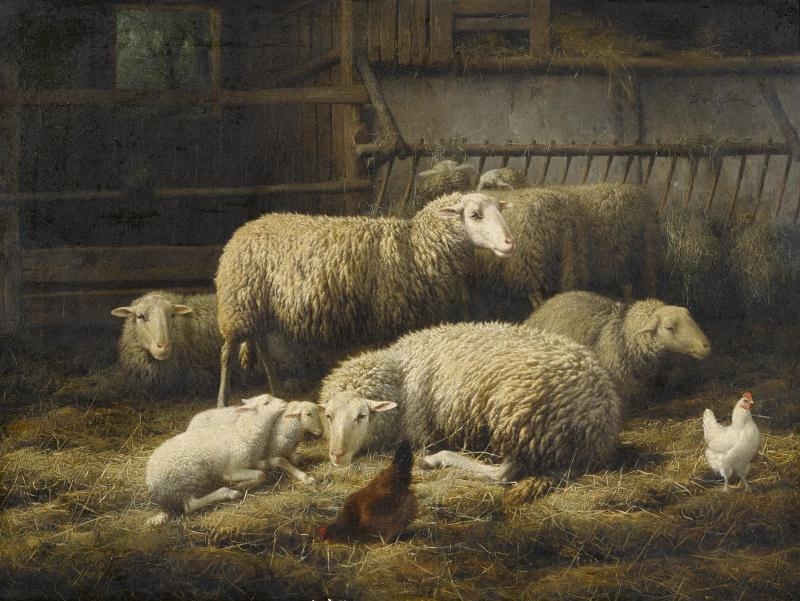 Eugène Rémy Maes | A barn interior with sheep and chickens | MutualArt