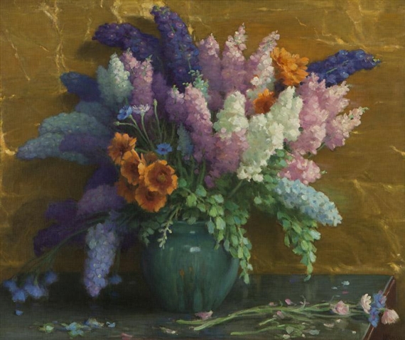 Joseph Henry Sharp | Still life - Delphiniums in green vase | MutualArt