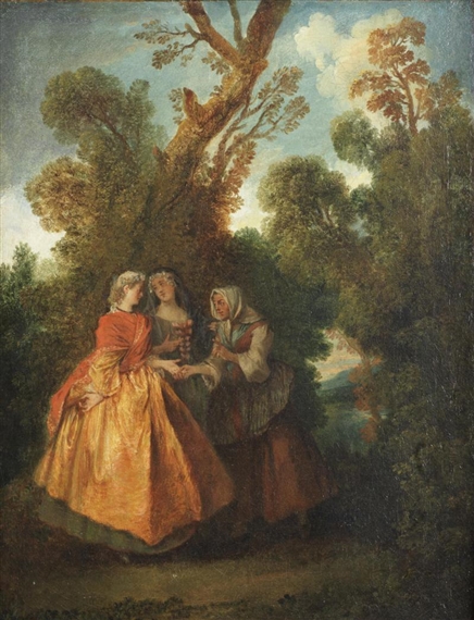 Nicolas Lancret | An elegant Lady and a Fortune Teller in a wooded ...