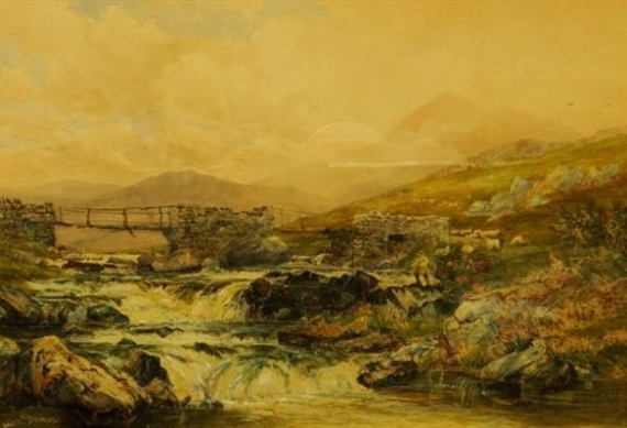 Albert Stevens | Mountainscape with old wooden bridge over a river and ...