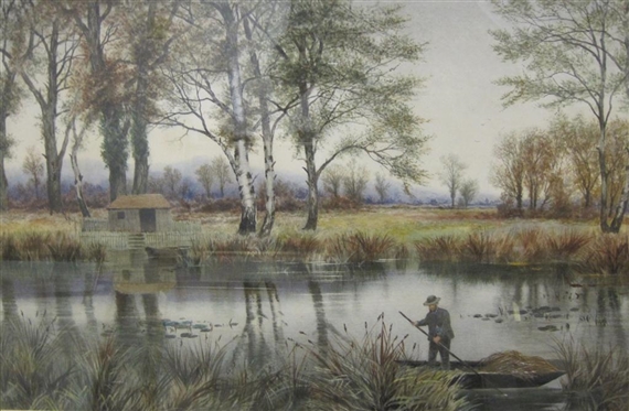 J. Duval | A tranquil river landscape with a figure in a punt | MutualArt