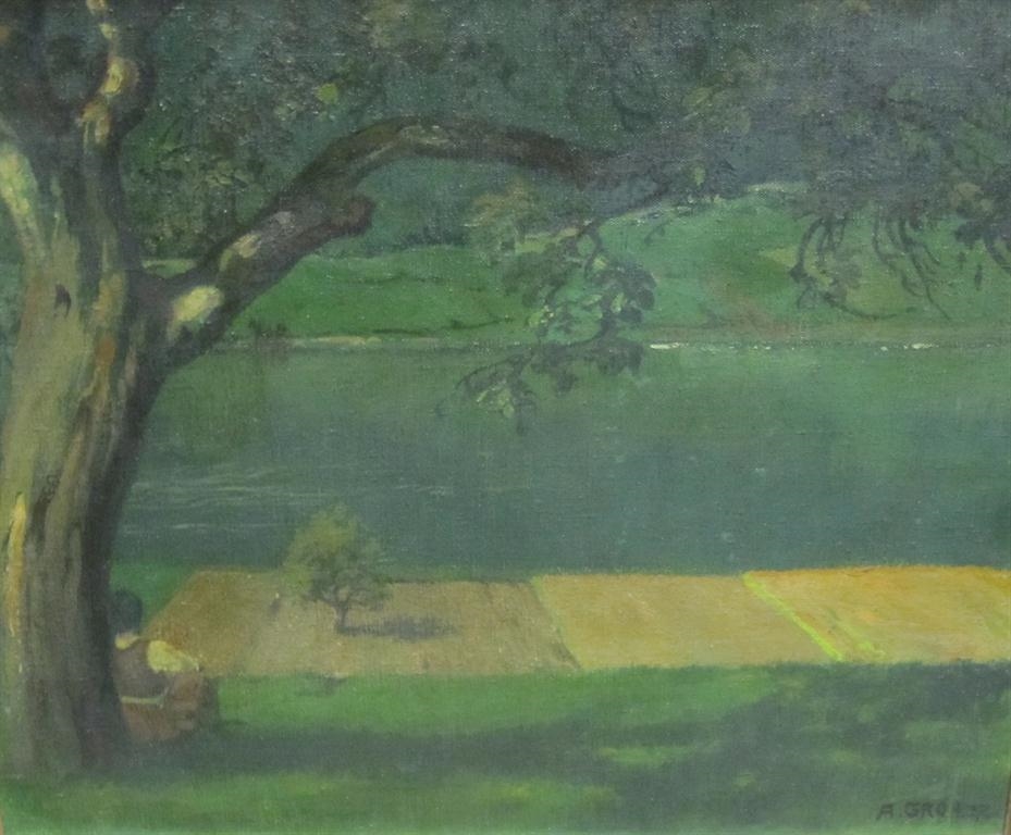 Robert Groh | A Girl resting under a Tree, an extensive Lake landscape ...