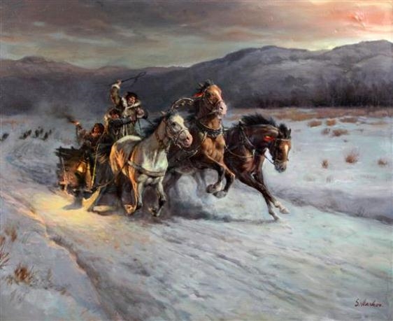 Lajos Markos | Horse Drawn Sleigh Chased by Wolves (1974) | MutualArt
