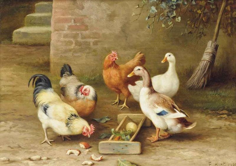 Edgar Hunt | Chickens and Ducks in a Farmyard (1922) | MutualArt