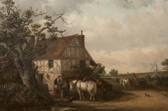 Thomas Smythe | Figures and horses beside a cottage | MutualArt