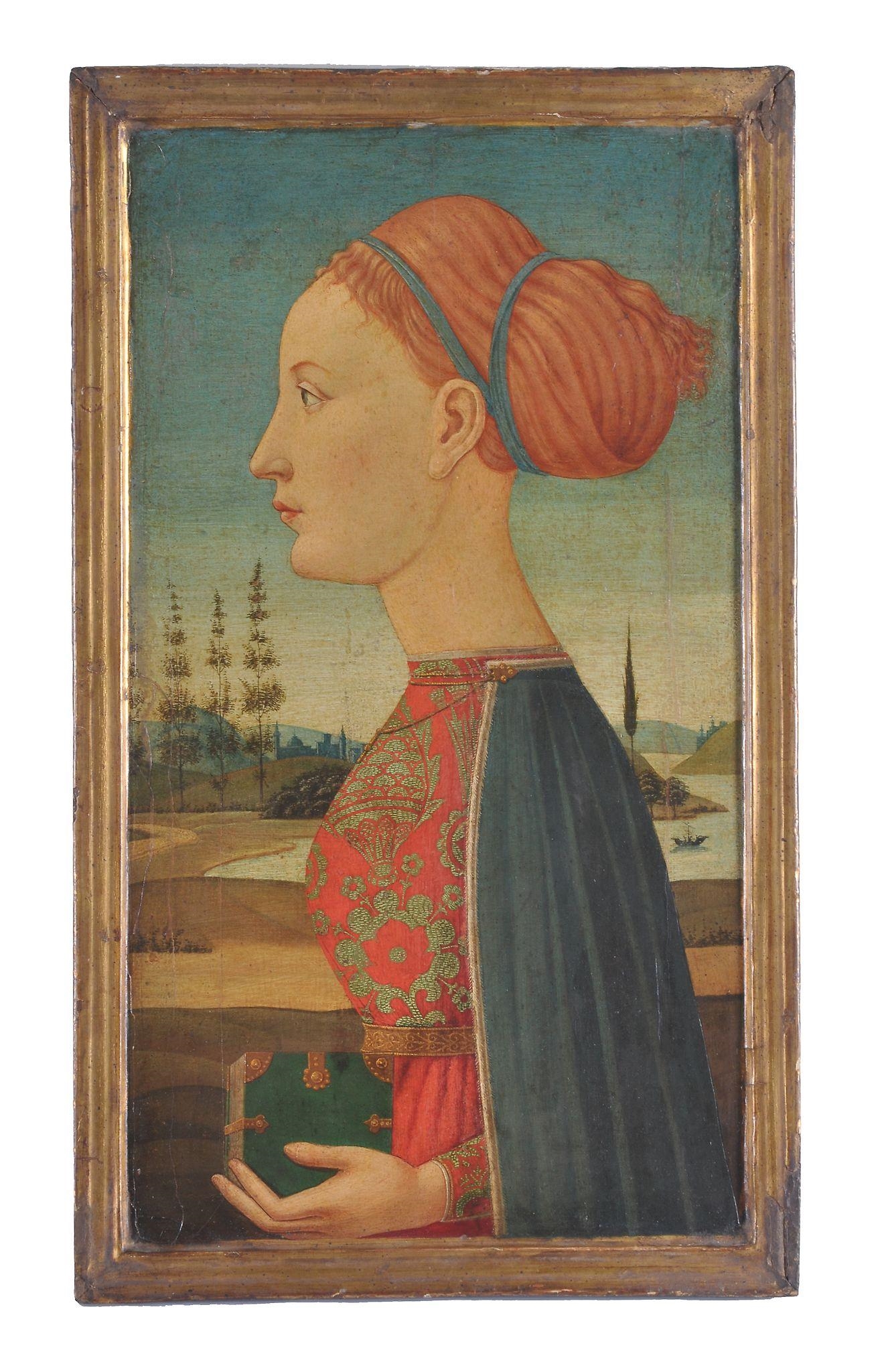 Piero Pollaiuolo | Profile of a woman, with a river landscape beyond ...