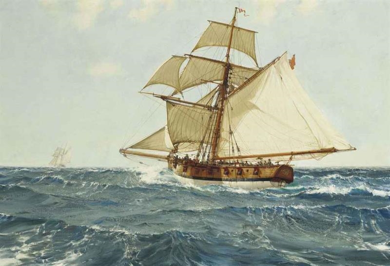 Montague Dawson | An Armed Cutter Chasing a Smuggler | MutualArt