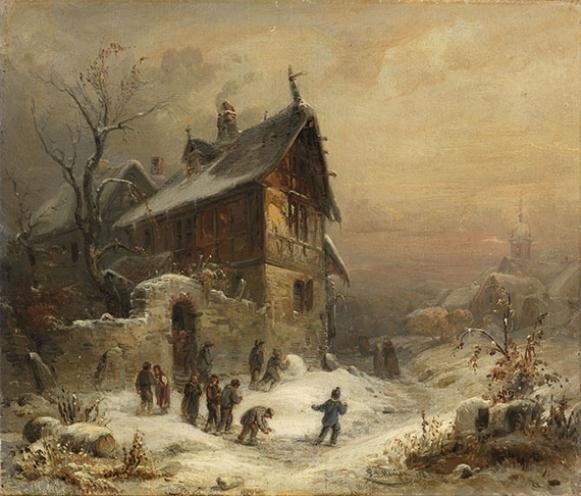 Peter Joseph Minjon | Winterlandschaft mit Figurenstaffage (1863 ...