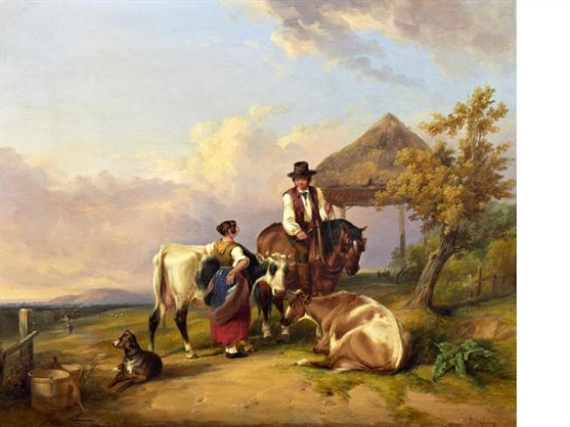 Henry and Charles Shayer | Cattle in a landscape with maid and farm boy ...