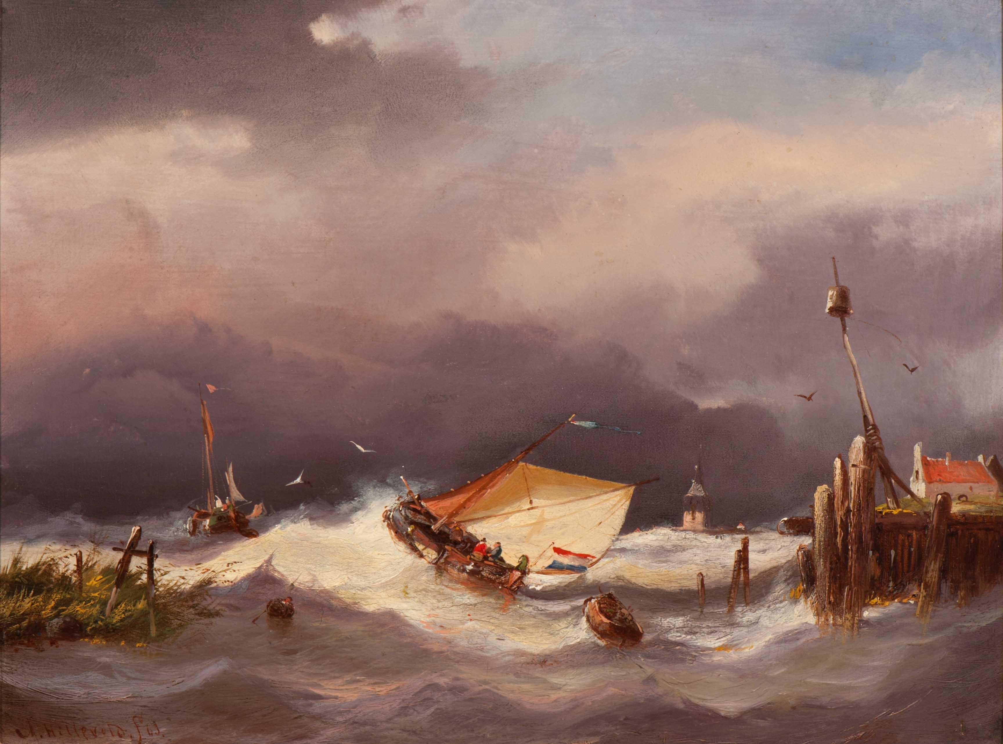 Adrianus David Hilleveld | Ships near the coast in choppy waters ...
