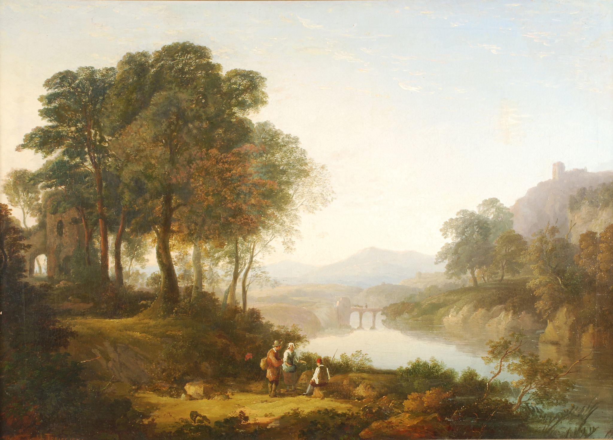 William Traies | Travellers in a wooded river landscape with a bridge ...