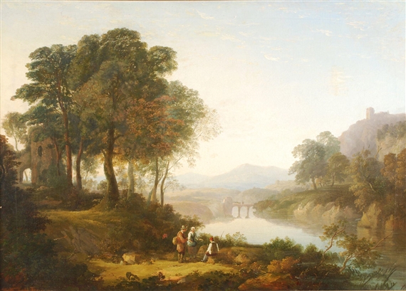 William Traies | Travellers in a wooded river landscape with a bridge ...