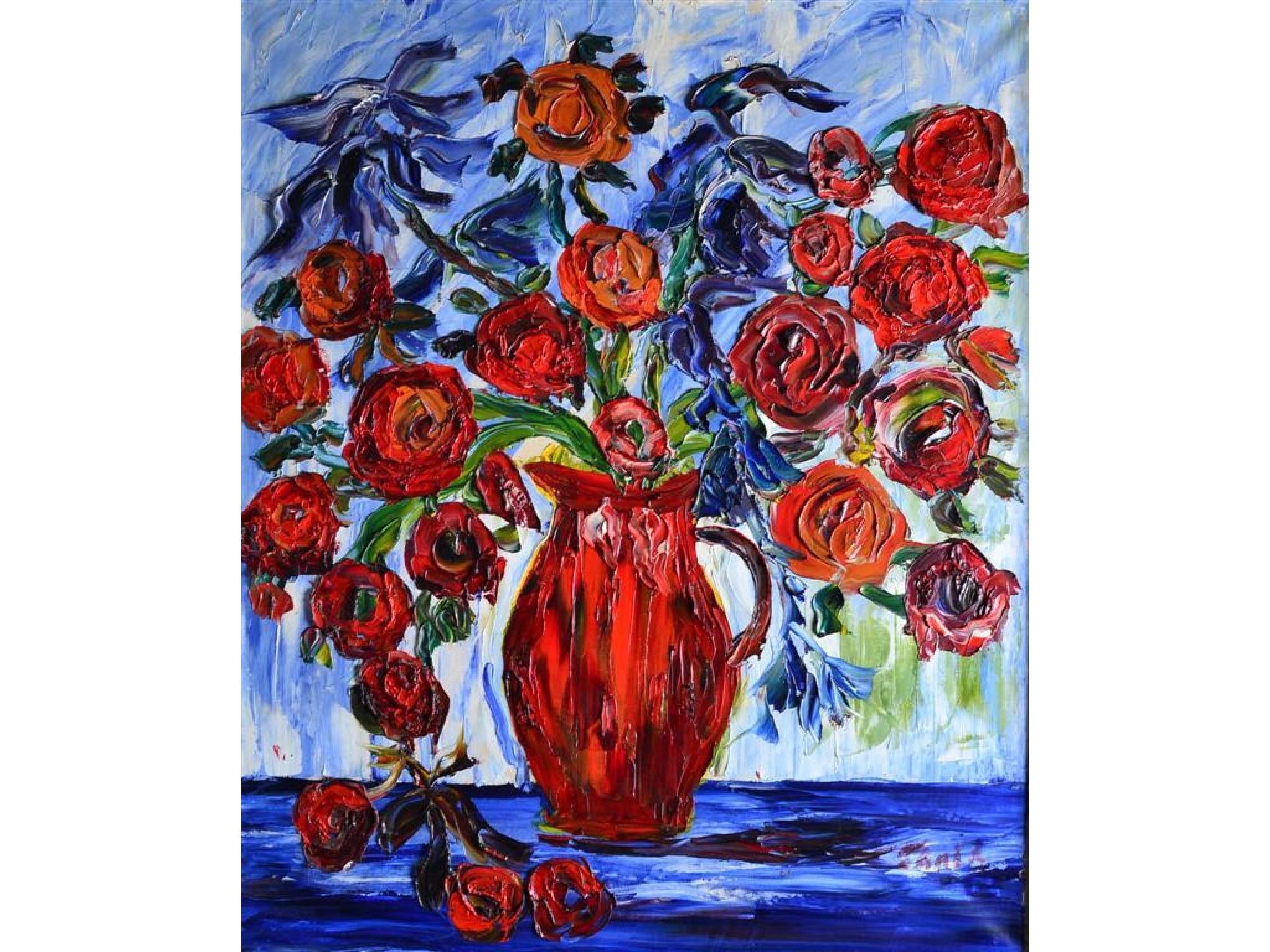 Tania Gordon | Still life of red flowers in a red vase | MutualArt