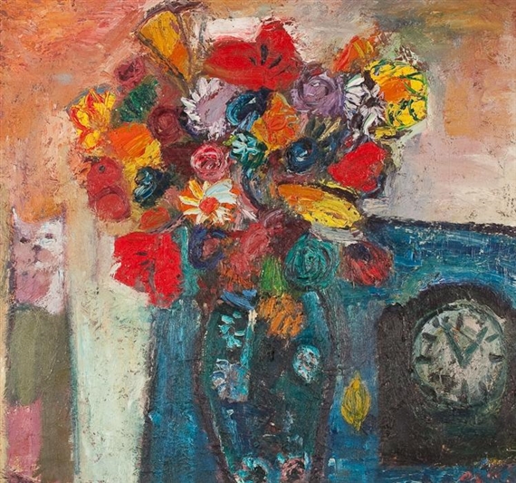 David Mackie Cook | Still life with flowers and clock | MutualArt