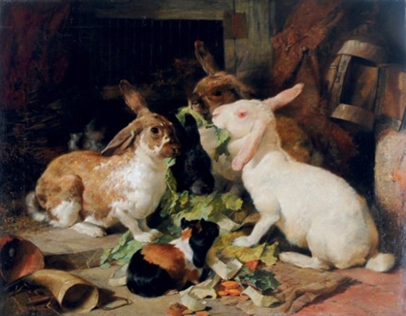 Henry Weekes | Feeding time for the rabbits (1853) | MutualArt