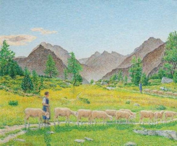 Gottardo Segantini | Maloja pass with shepherds and flock of sheep ...