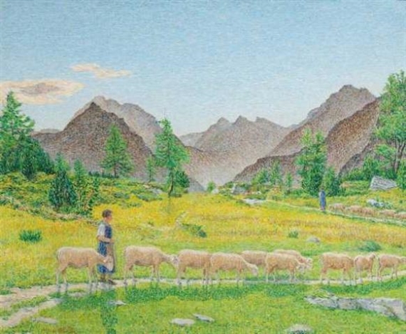 Gottardo Segantini | Maloja pass with shepherds and flock of sheep ...