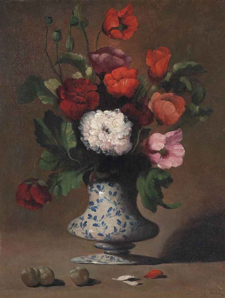 Germain Théodore Ribot | Poppies and chrysanthemums in a vase | MutualArt