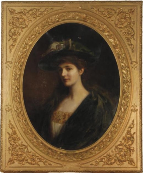 Albert Lynch | Portrait of a young beauty in a green hat and robe ...
