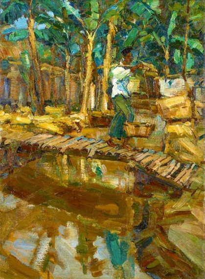 Emil Rizek | A Man Crossing a Bamboo Bridge, Bandung (Circa 1933 ...