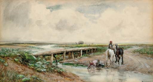 Claude Hayes | Farmers watering their carthorses | MutualArt
