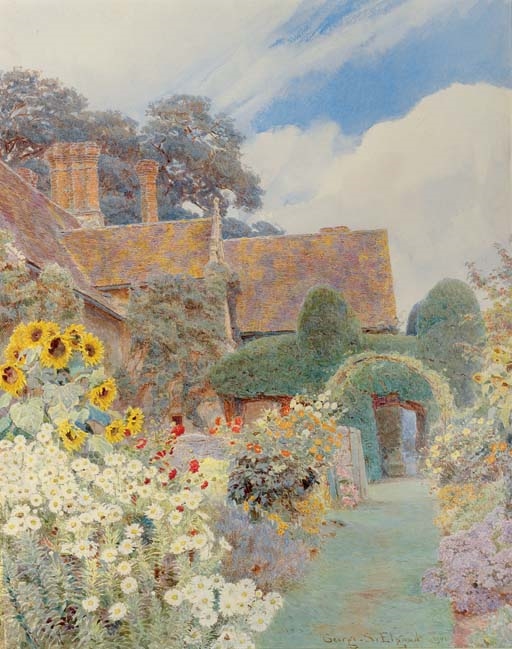 George Samuel Elgood | The herbaceous borders and cut yew hedges at ...