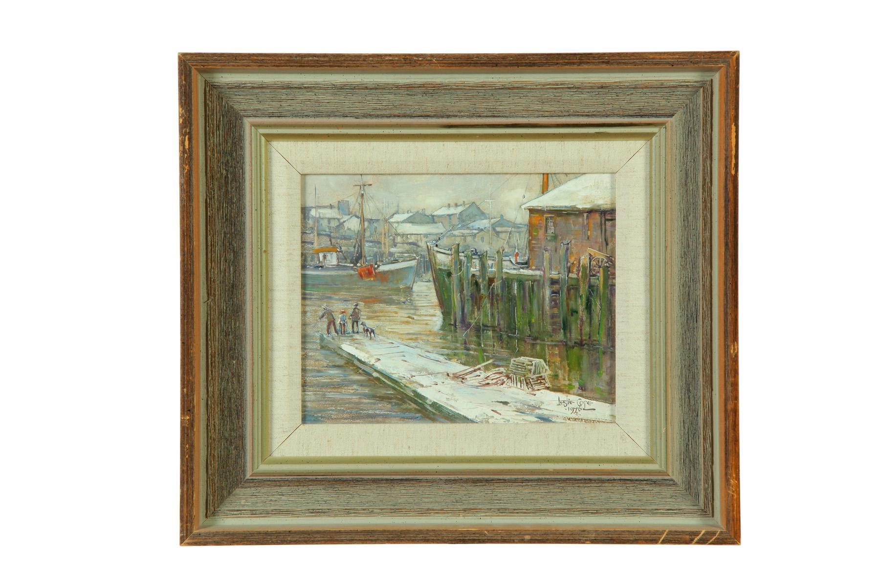 Leslie Cope | Depicts figures standing on a dock with boats and ...