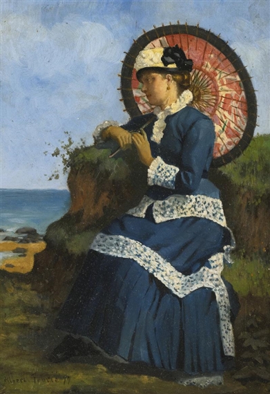 Albert Auguste Fourié | AN ELEGANT LADY BY THE SHORE WITH A PINK ...