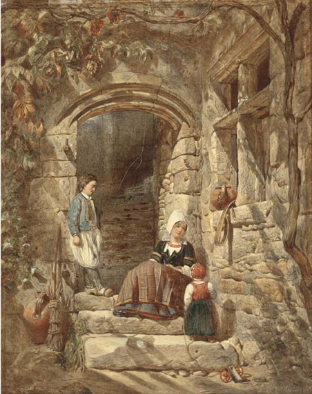 Alfred Provis | On the sunlit stairs (1855) | MutualArt