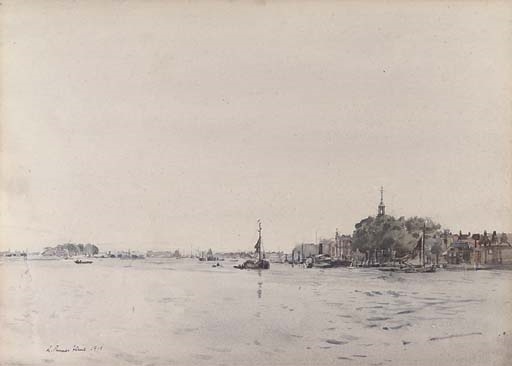 Robert Purves Flint | Barges on a Dutch river estuary (1919) | MutualArt