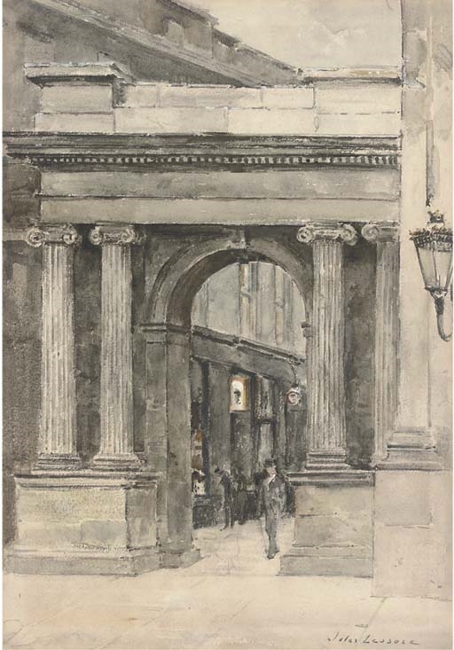 Jules Lessore | A suited gentleman wandering through an arcade | MutualArt