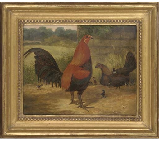 Herbert Atkinson | Game cock with hen and chicks | MutualArt