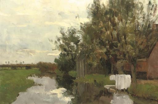 Victor Bauffe | Farmhouse along a quiet stream | MutualArt