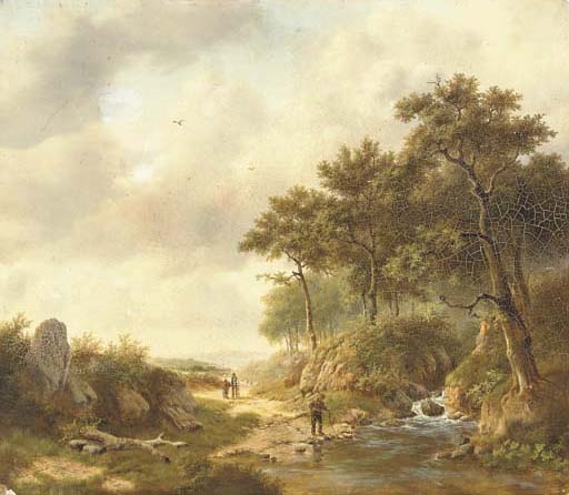 George Andries Roth | A summer landscape with figures by a stream ...