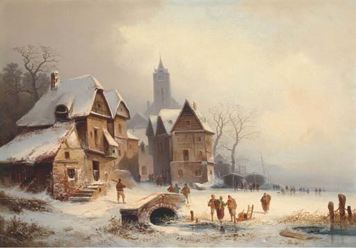 Cölestin Brügner | Skaters by a German hamlet (1863) | MutualArt