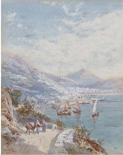 Charles Edmund Rowbotham | A quayside market, Italy; and A coastal road ...