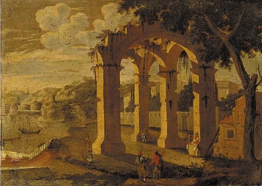 Agostino Tassi | A Mediterranean coastal landscape with figures amongst ...