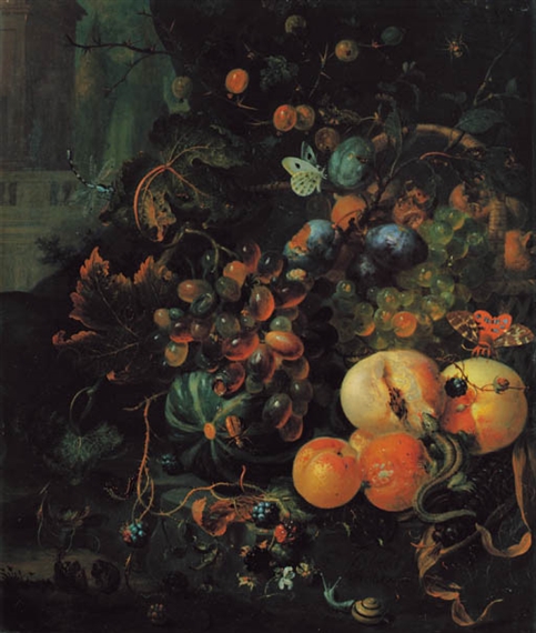 Jan Mortel | A forest floor still life with peaches, plums, grapes on ...