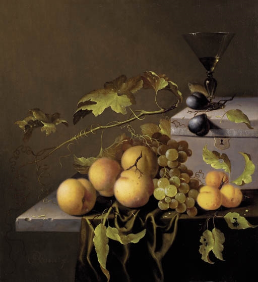 Johannes Borman | Peaches and grapes on the vine, with a goblet of wine ...