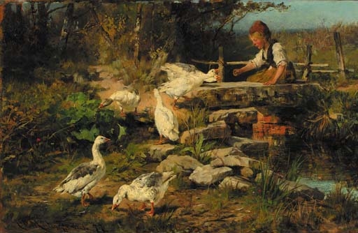 Antonio Matteo Montemezzo | A peasant girl feeding geese | MutualArt