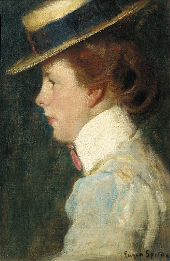 Eugen Spiro | Portrait of a young lady with a straw hat, bust-length ...