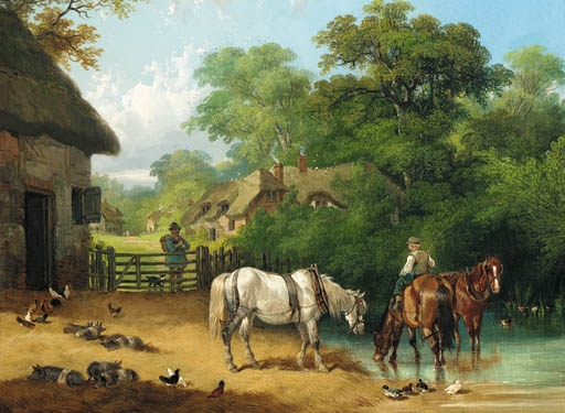 Henry and Charles Shayer | A boy watering horses in a farmyard | MutualArt