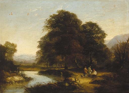 William Traies | Figures by a river in a wooded landscape | MutualArt