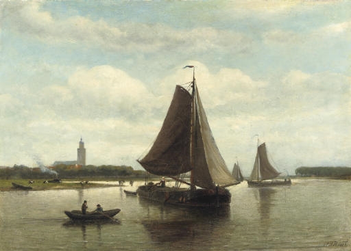Johann Adolph Rust | Shipping on a calm, a village beyond | MutualArt