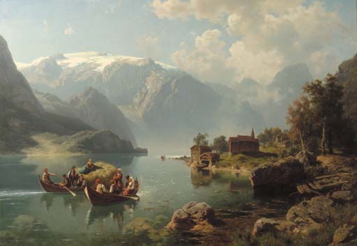 August Wilhelm Leu | A cheerful encounter on an Alpine lake (1862 ...