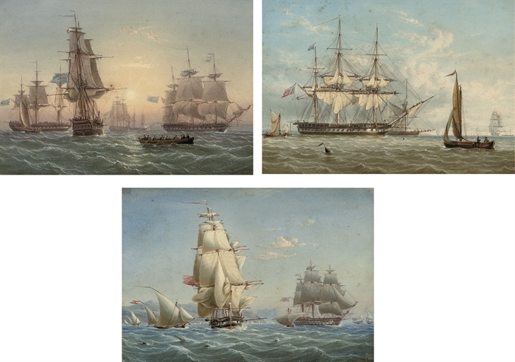 William Joy | A Royal Navy frigate and a two-decker under sail off ...