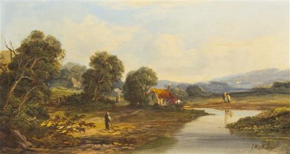 J. Williams | River Scene with Figures and Cottages | MutualArt